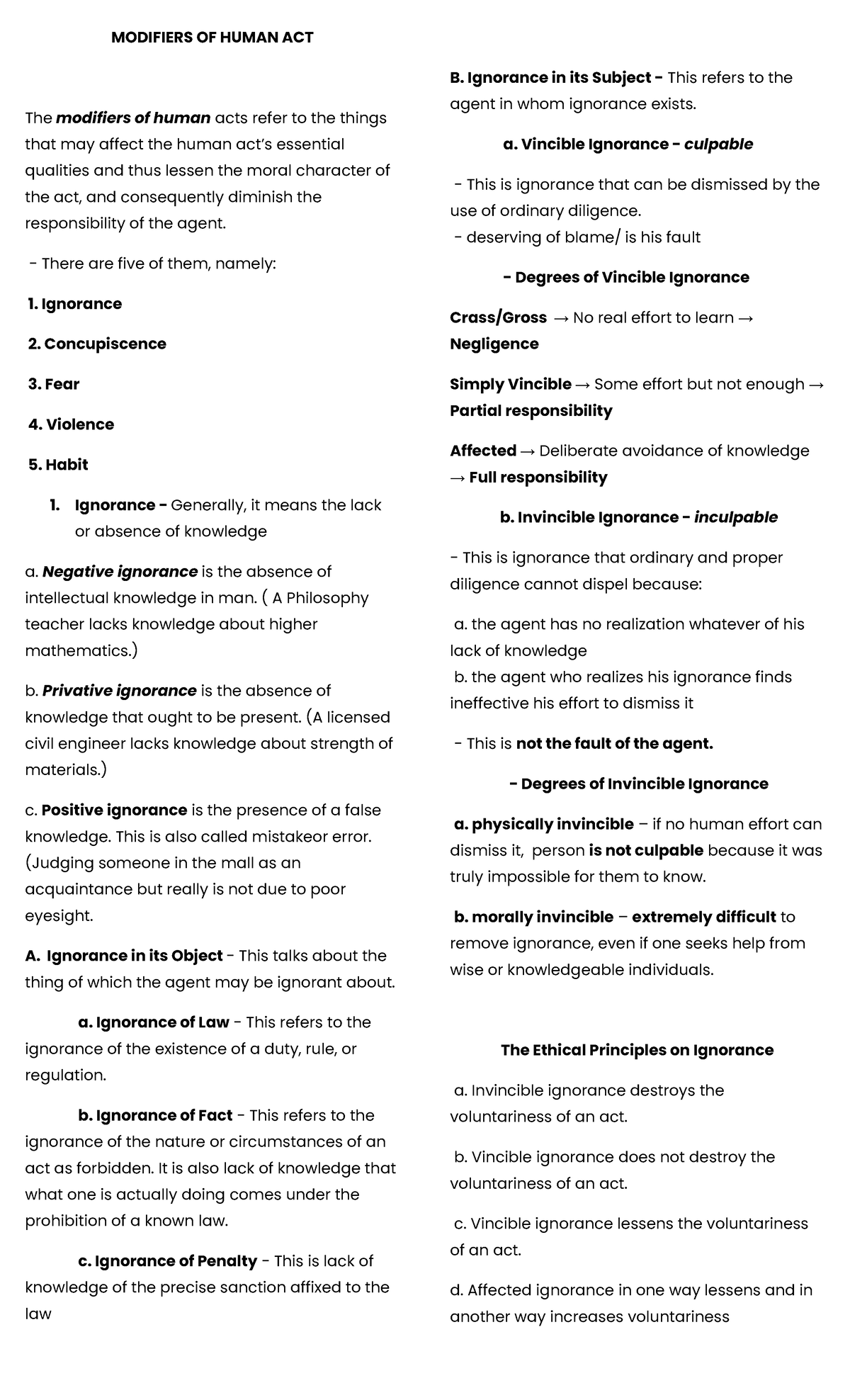 Ethics Midterm Notes: Modifiers of Human Acts and Ignorance - Studocu