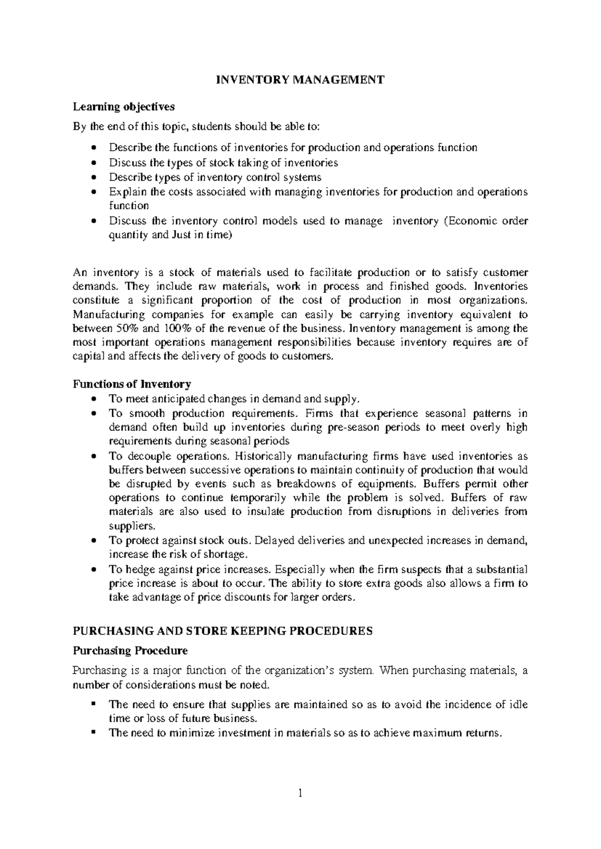 Inventory Management (Course Code: IM101) - Reading Material - Studocu