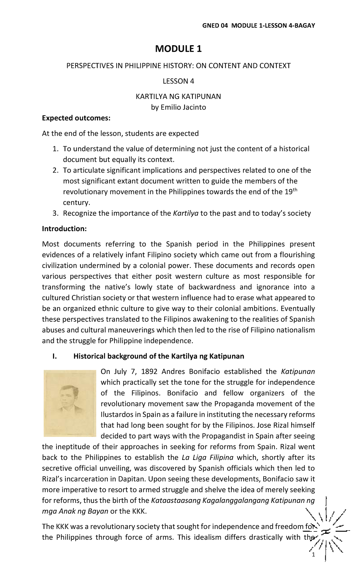 Module 1 Lesson 4: Understanding the Kartilya ng Katipunan GNED 04 - Studocu