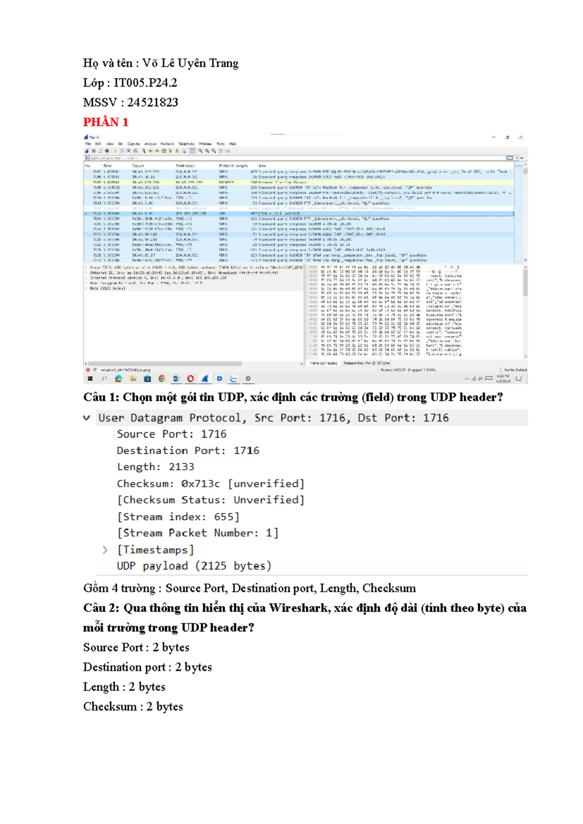 Thực hành nhập môn mạng máy tính IT005.P24.2 - UDP và TCP headers - Studocu
