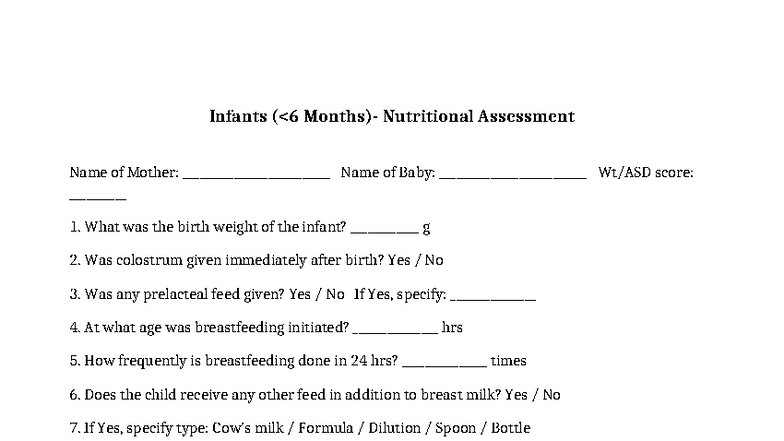 Nutrition Assessment Form for Infants and Children - Studocu