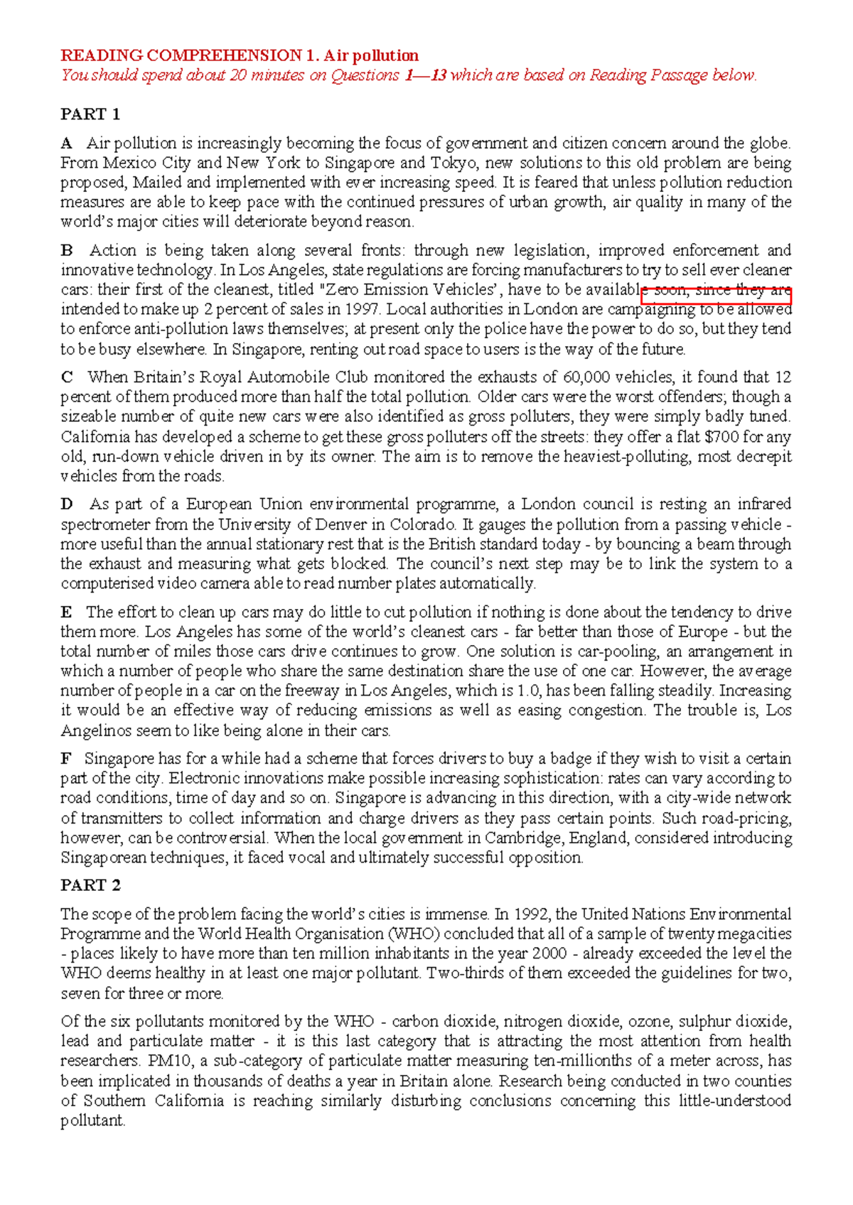 01 - Reading Comprehension - Air Pollution Solutions Practice 1-2 - Studocu