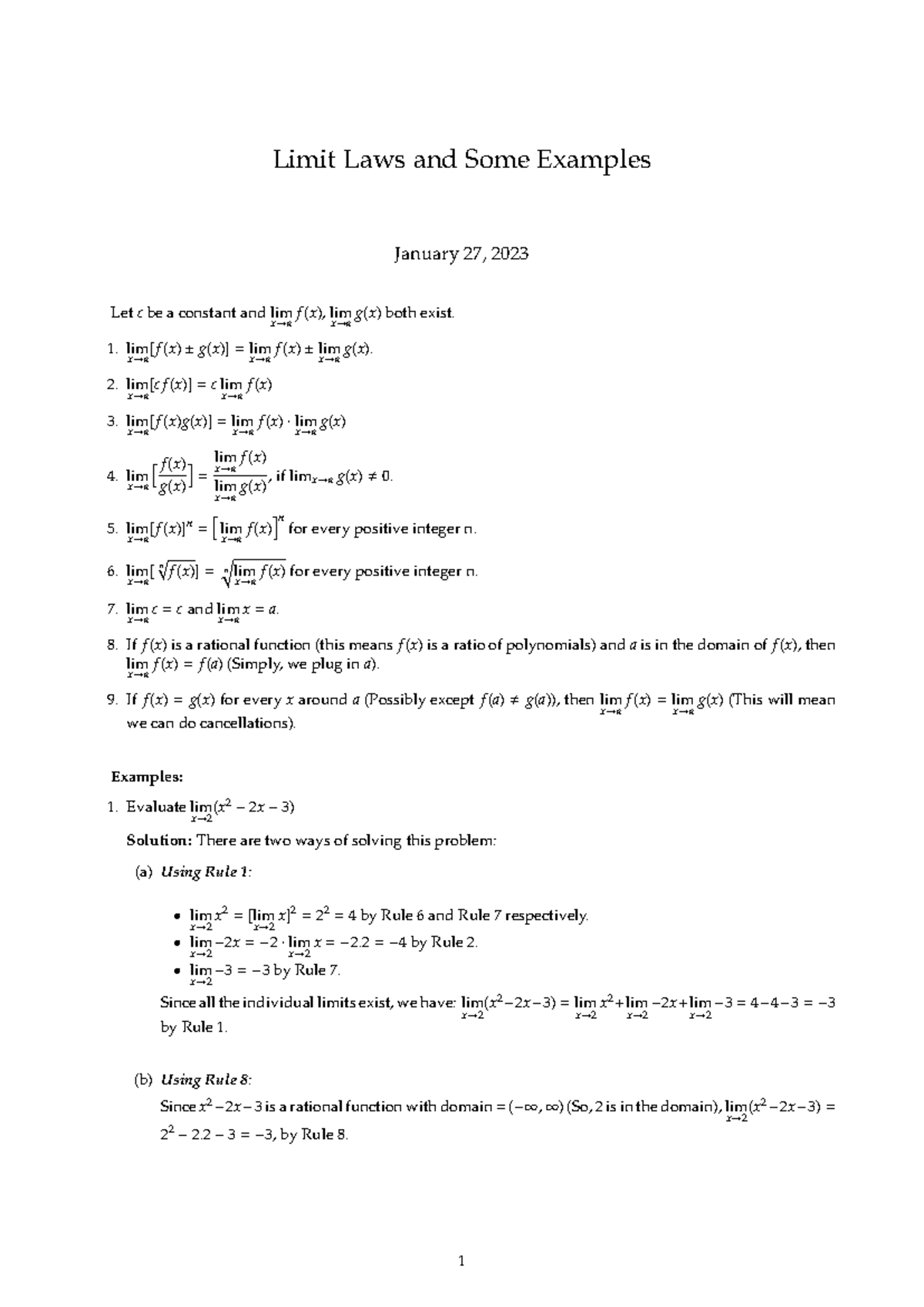 Calculus I Section 2 3 Limit Laws Examples - Limit Laws and Some ...