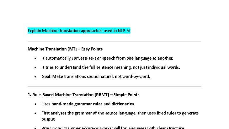 NLP Approaches: Machine Translation, IR, QAS, and POS Tagging - Studocu
