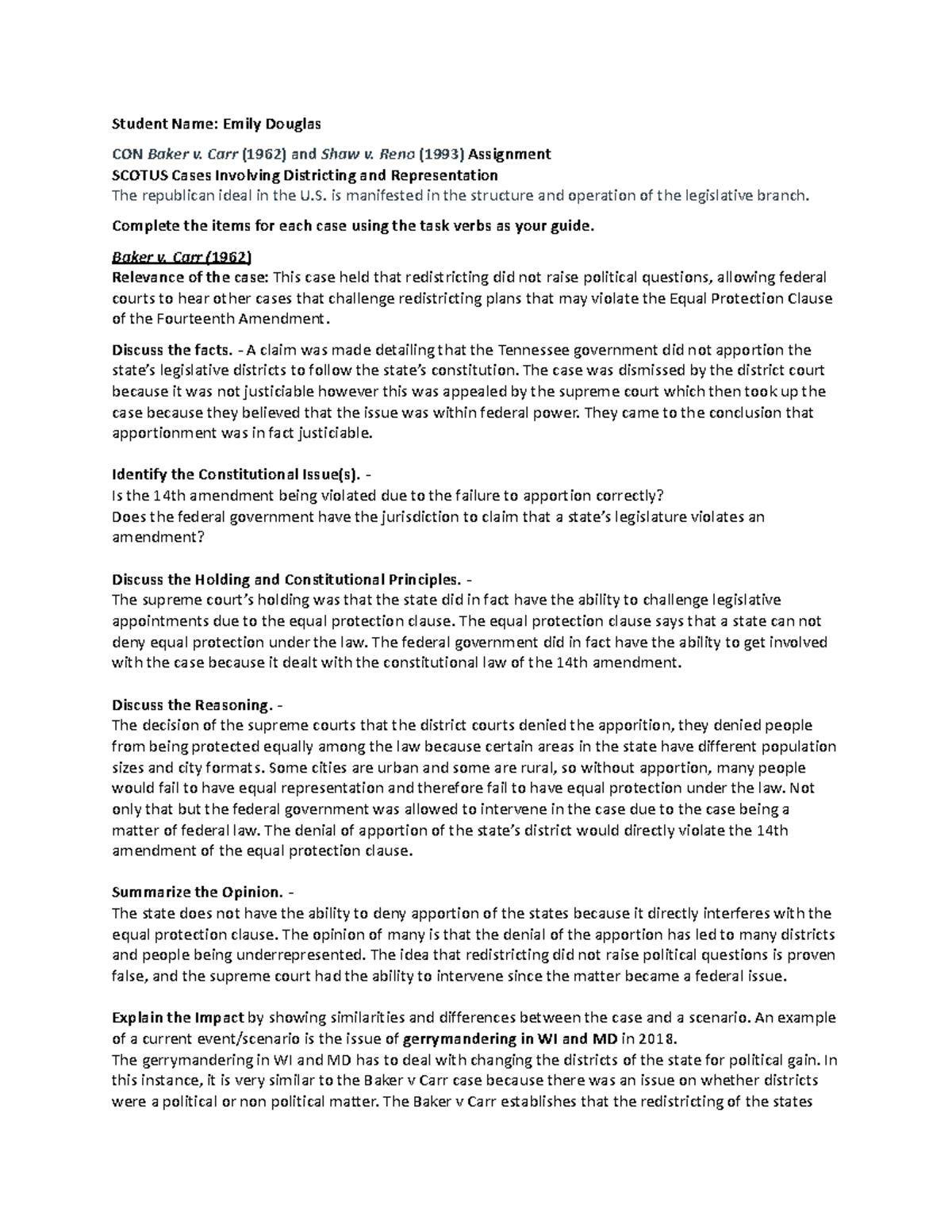SCOTUS Cases on Districting: Baker v. Carr & Shaw v. Reno Analysis ...
