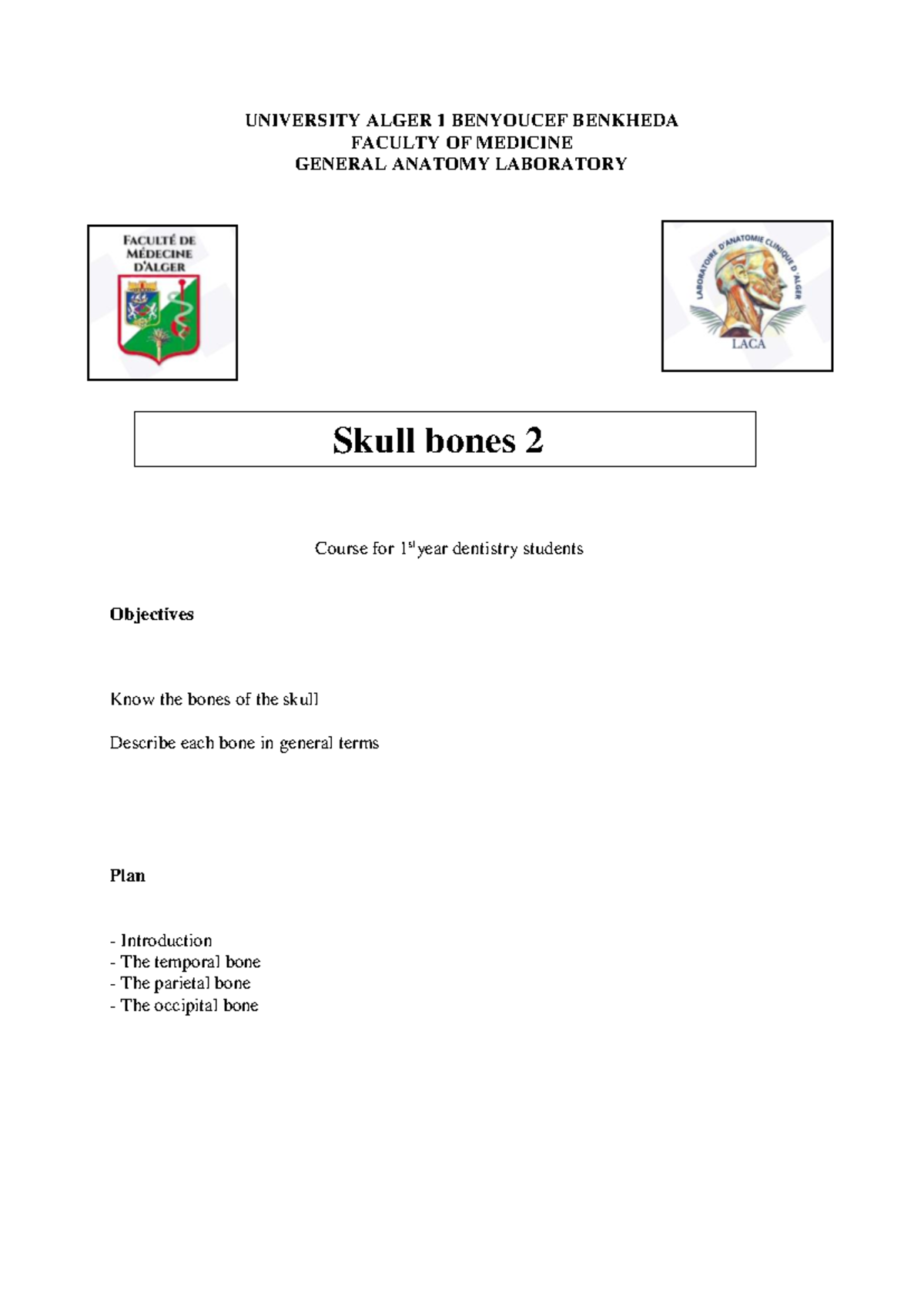 General Anatomy Lab: Skull Bones for Dentistry 1st Year - Studocu