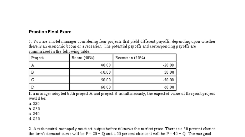 (20251119) Practice Final Exam: Economic Decision-Making Analysis - Studocu