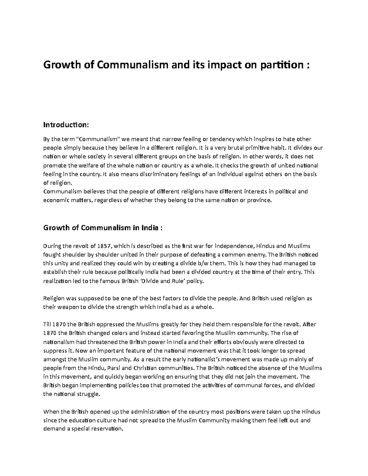 Communalism in India and Partition - Growth of Communalism and its ...