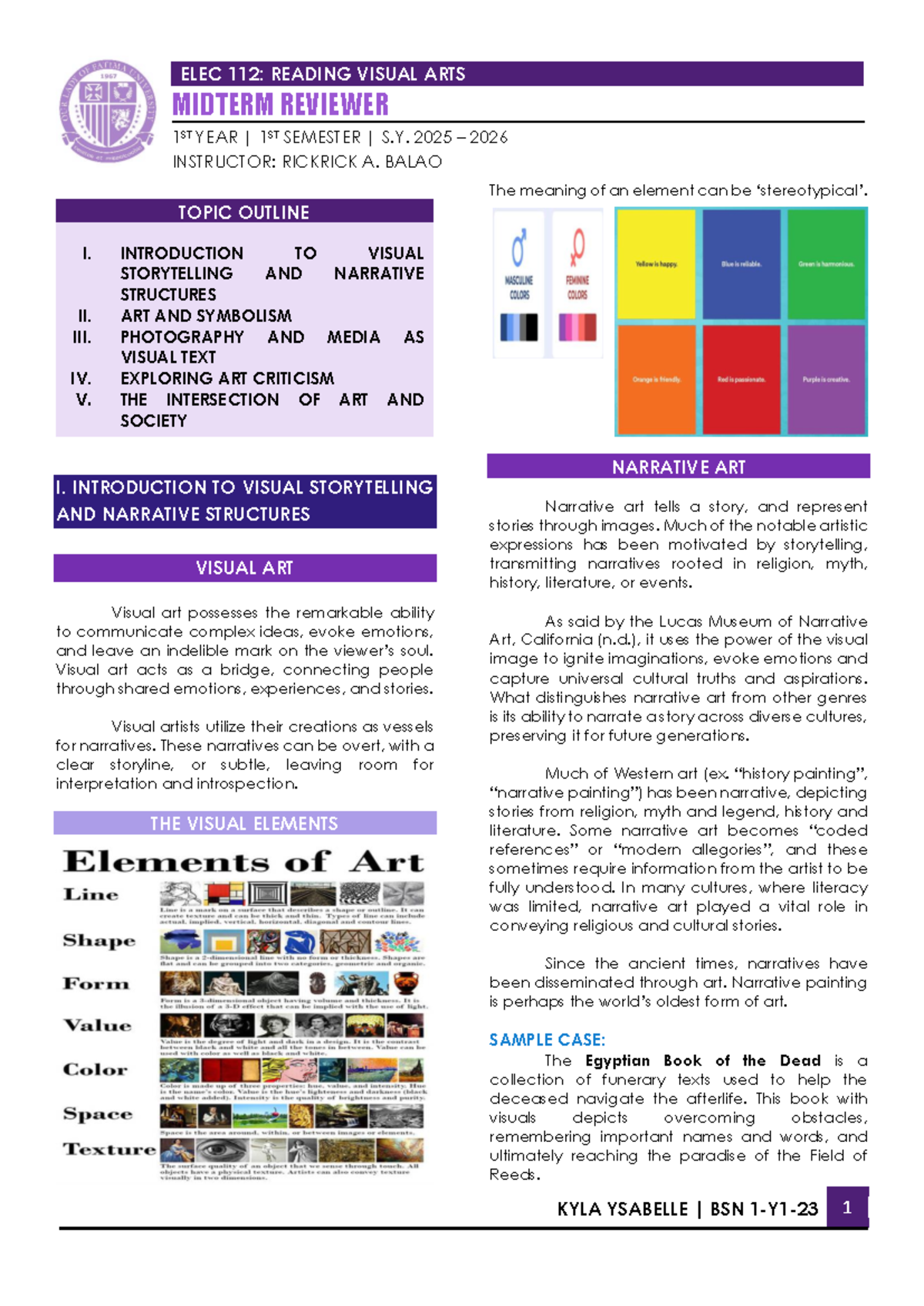 ELEC 112: READING VISUAL ARTS MIDTERM REVIEWER 1ST YEAR 1ST SEMESTER S ...