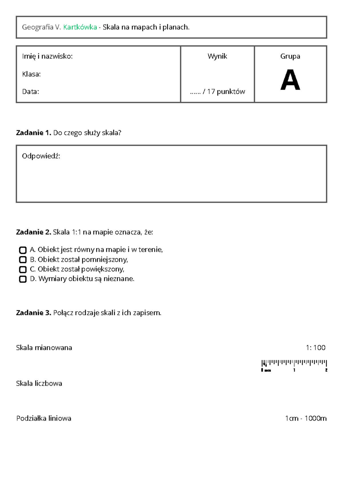 Geografia V - Kartkówka: Skala na Mapach i Planach - Studocu