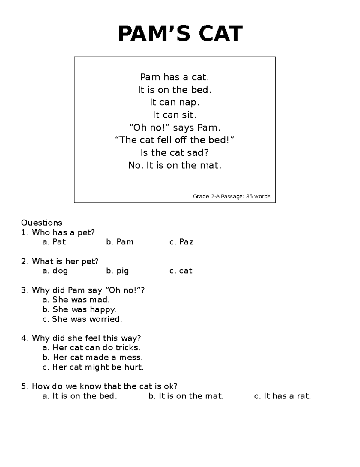 Grade 2 Reading Comprehension Questions and Exercises - Studocu