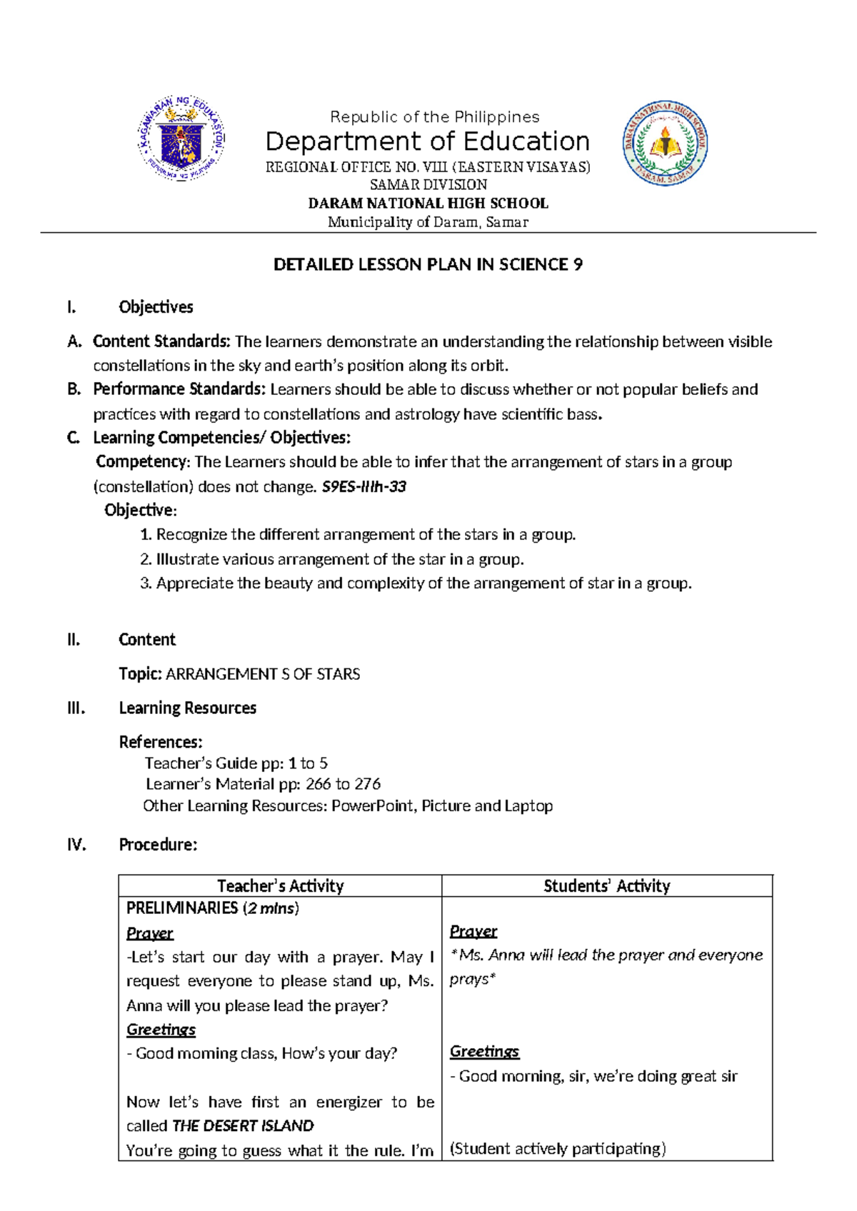 Detailed Lesson Plan: Arrangement of Stars in Science 9 - Studocu