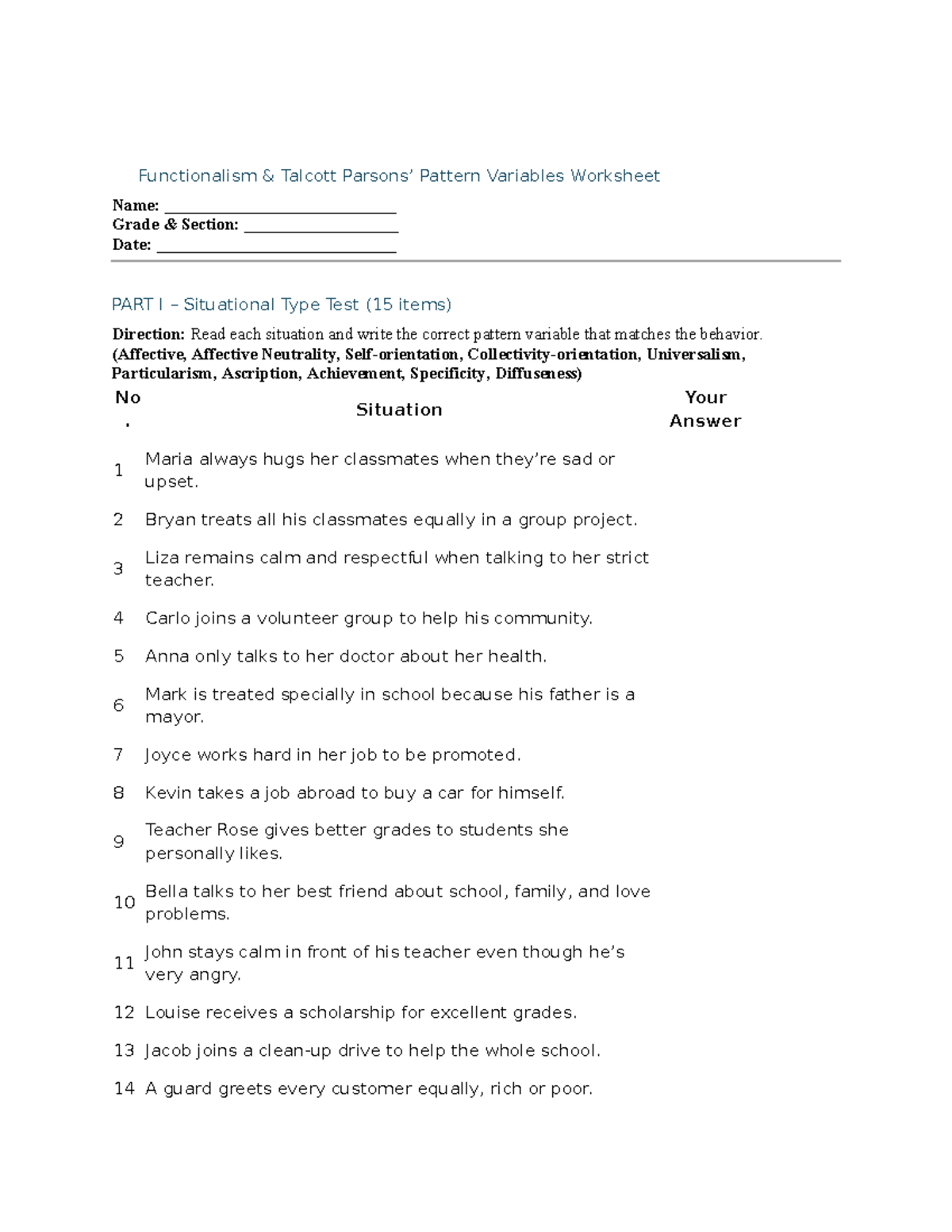 Functionalism Pattern Variables Worksheet - DISS 101 Quiz - Studocu