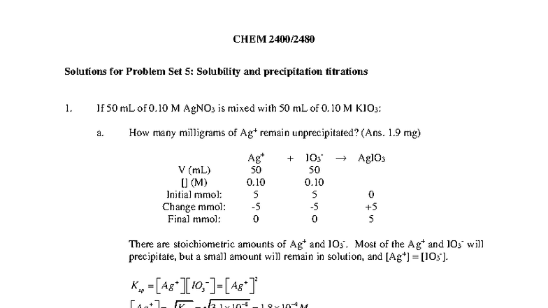 CHEM 2480 Problem Set 5: Solubility & Precipitation Titrations Exam ...