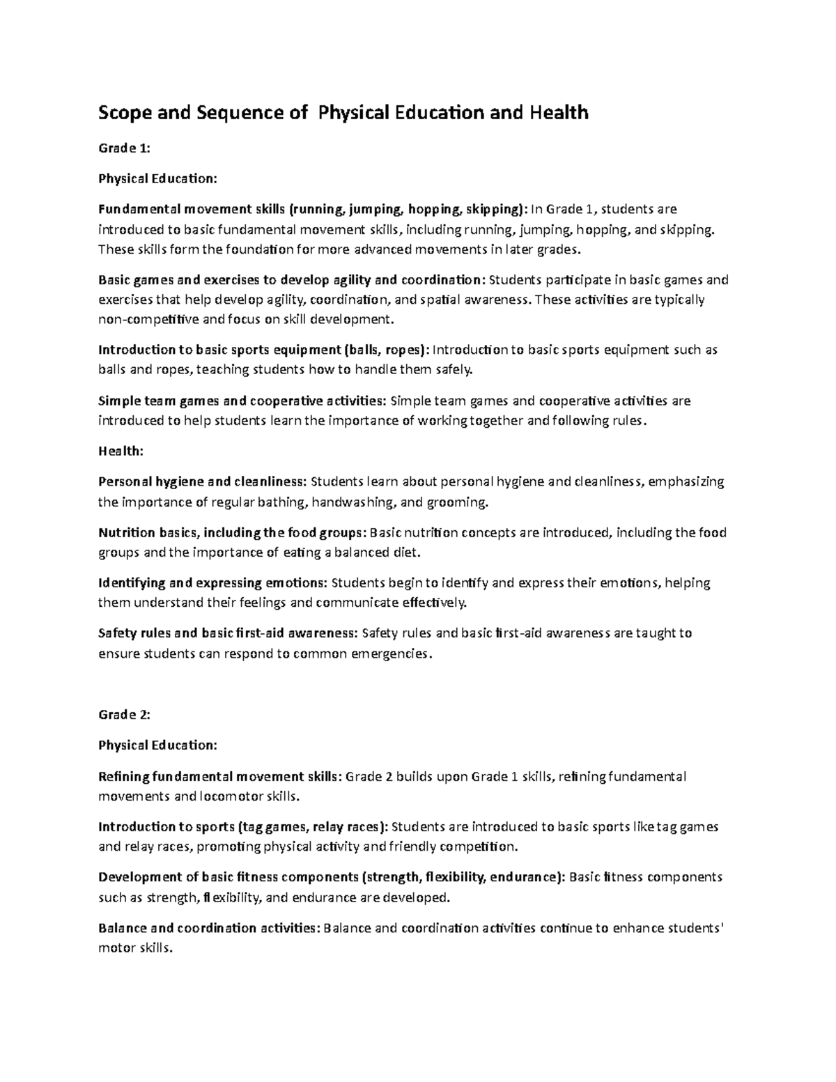 Scope and Sequence for PE Health Curriculum (Grades 1-6) - Studocu