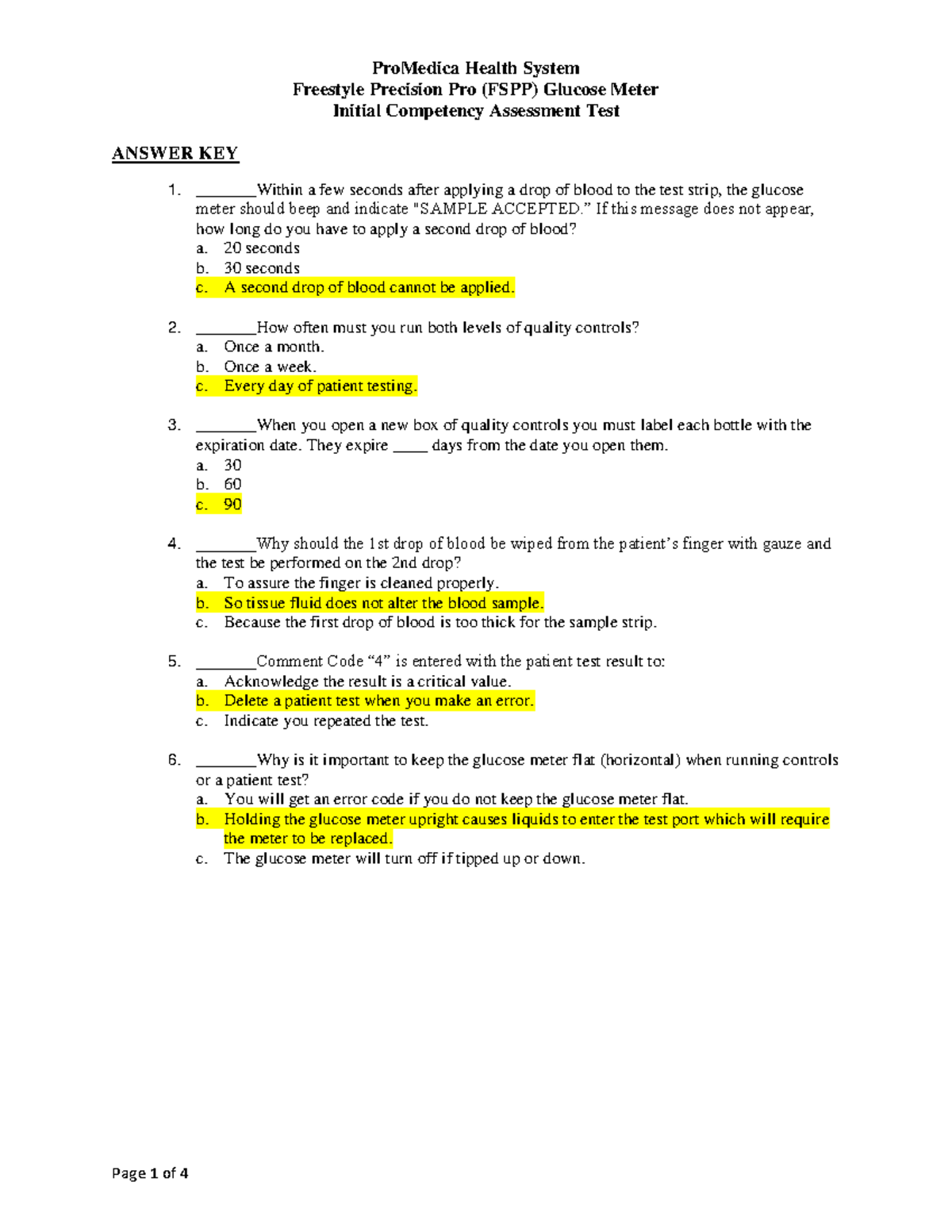 ProMedica Health System FSPP Glucose Meter Competency Test Key - Studocu