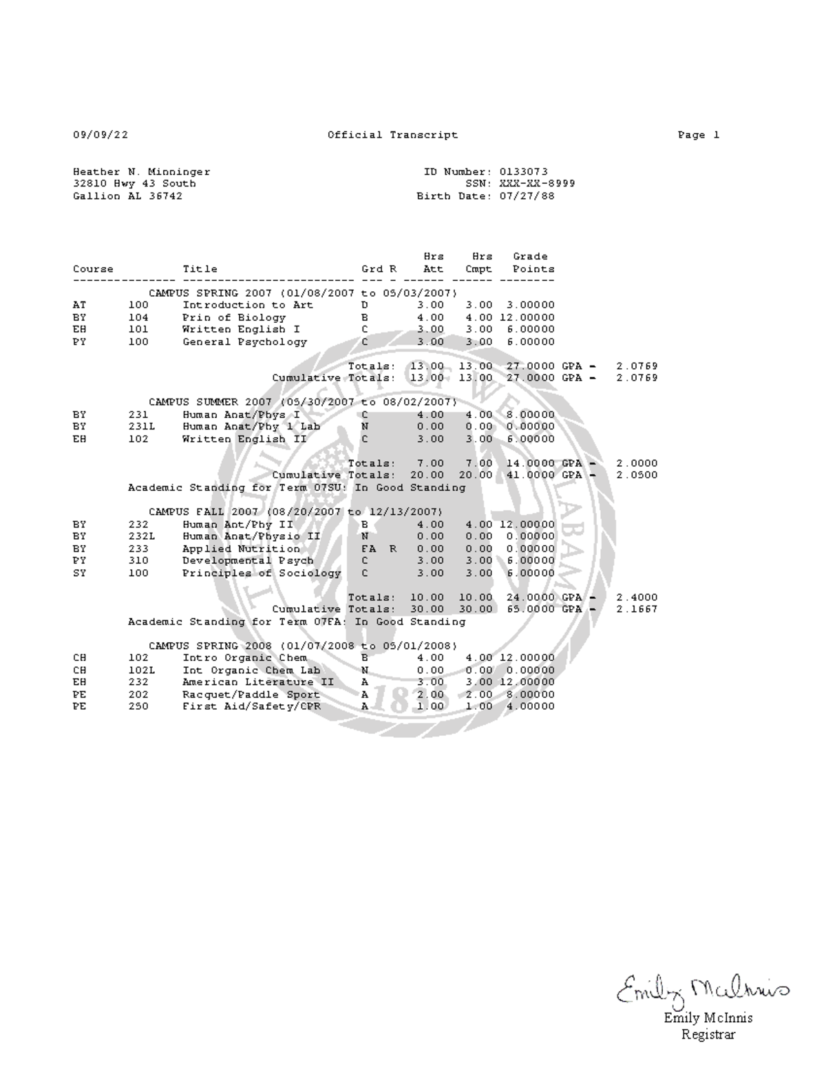 Heather N. Minninger Transcript - Associate in Science Nursing Program ...