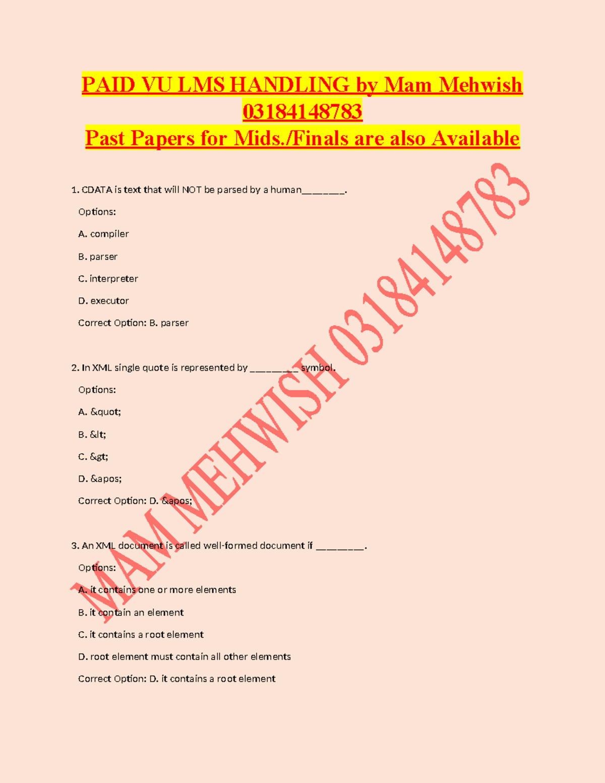 CS311 MCQs Mids 2024 Mam Mehwish - PAID VU LMS HANDLING by Mam Mehwish ...