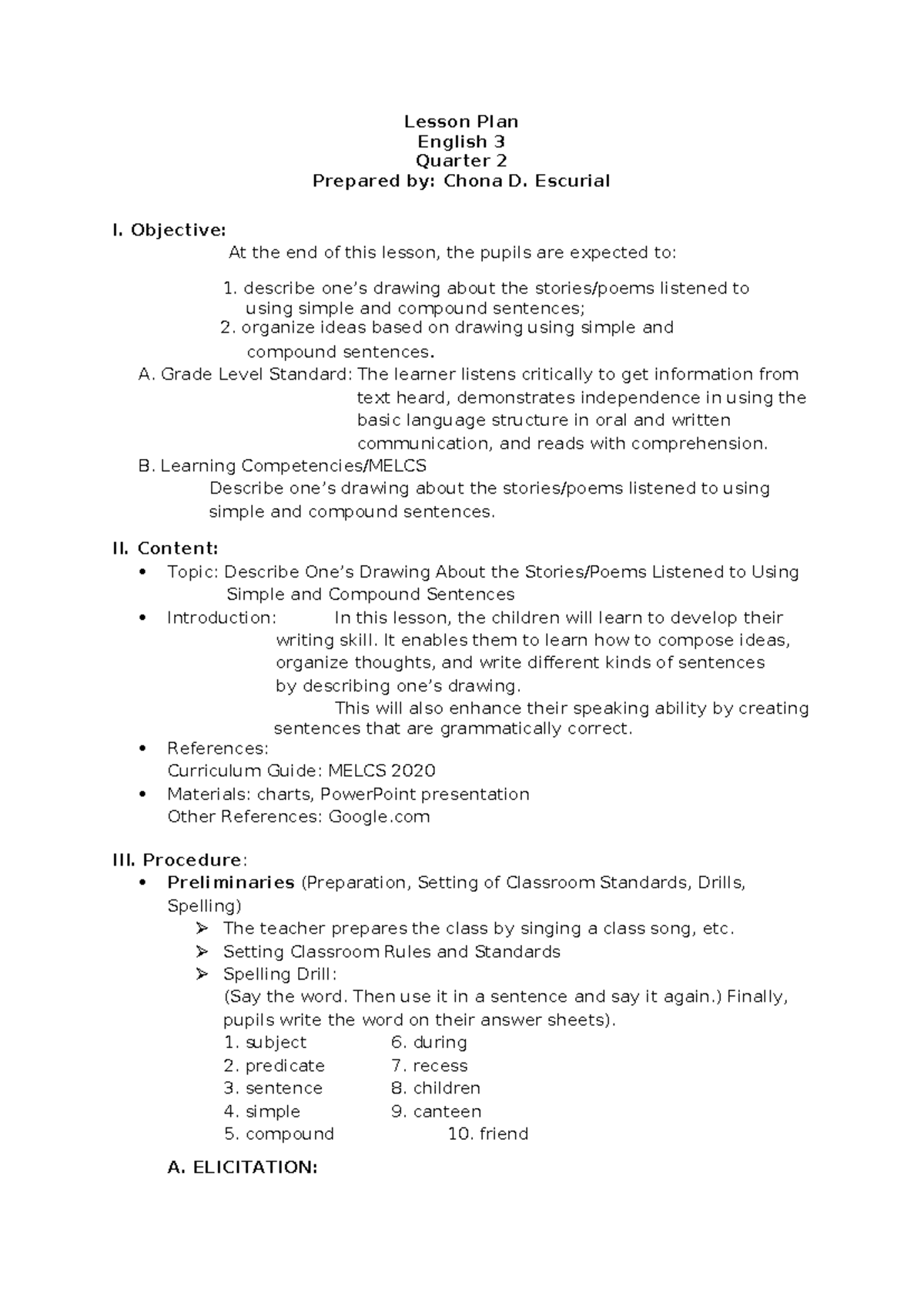 English 3 Lesson Plan: Describing Drawings with Simple & Compound ...