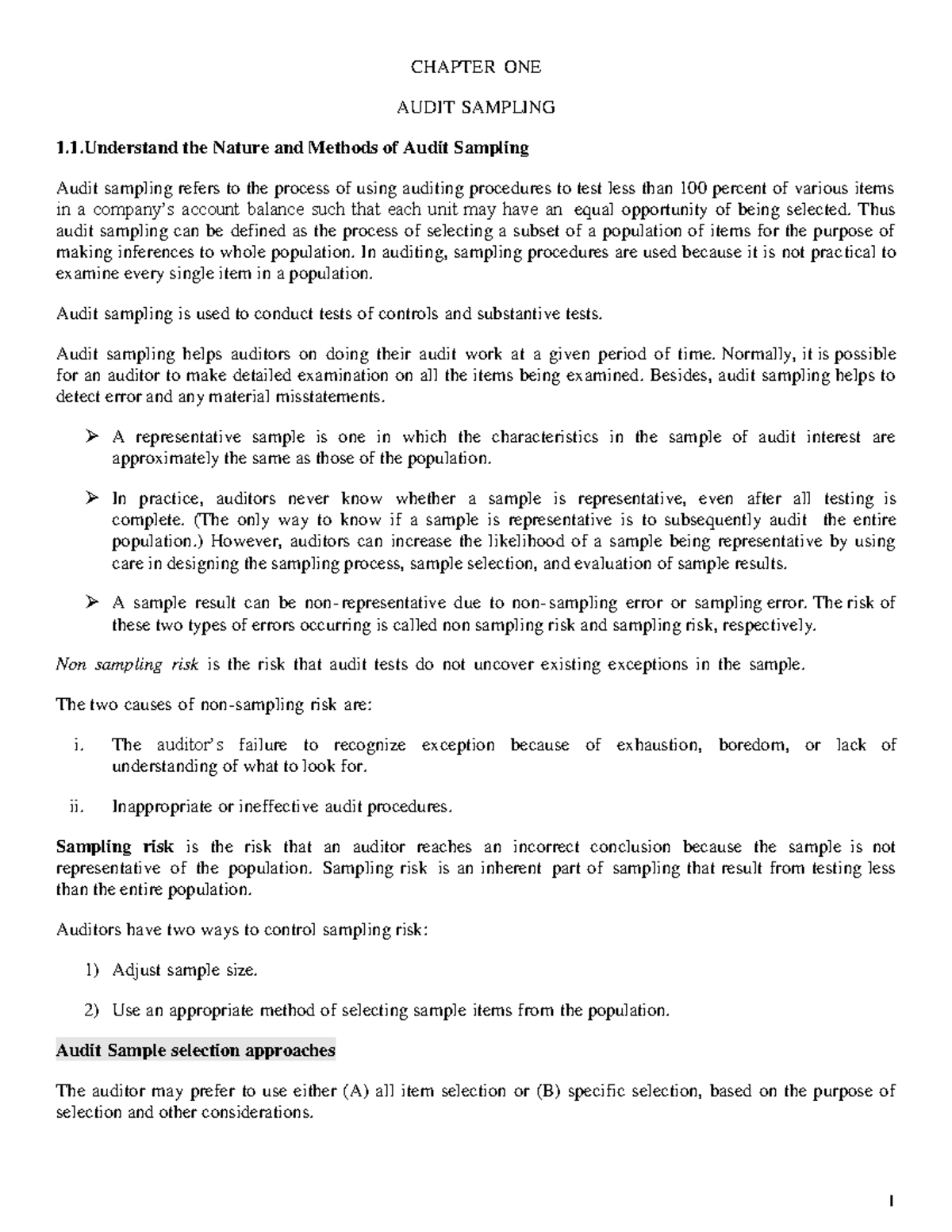 Auditing II-Ch-One - cash audit - CHAPTER ONE AUDIT SAMPLING 1.1 the ...