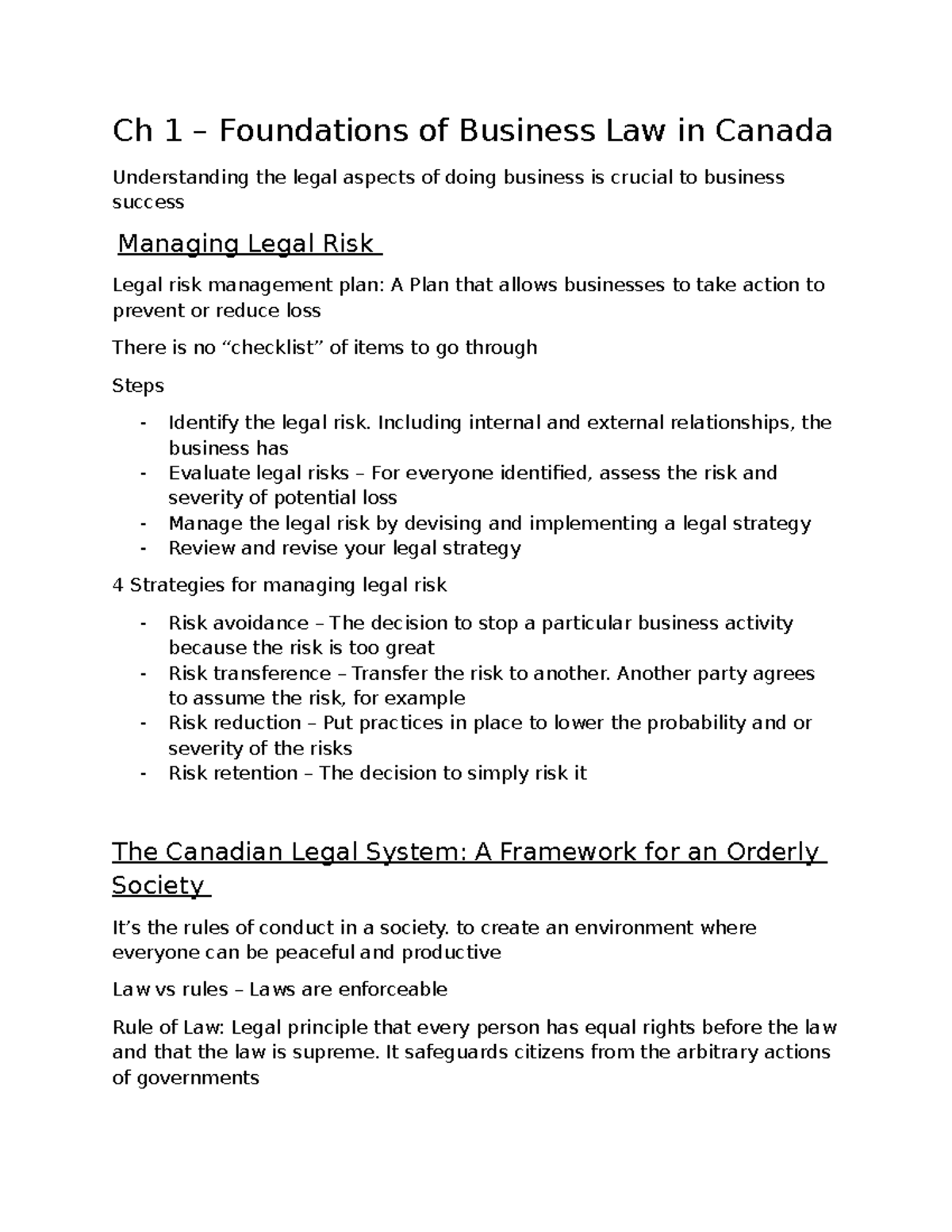 Ch 1: Foundations of Business Law in Canada - Key Concepts and Legal ...