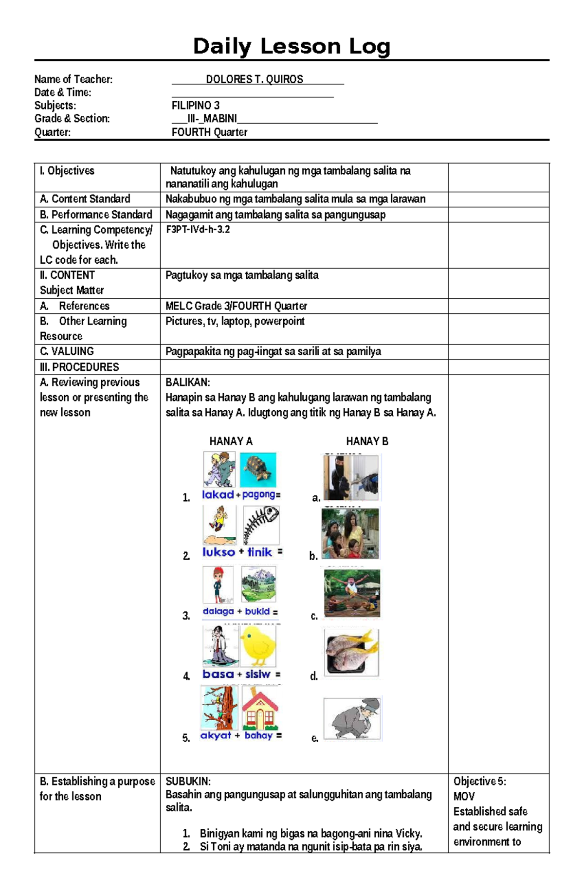 COT Filipino Q4 Lesson Log on Tambalang Salita Activities - Studocu