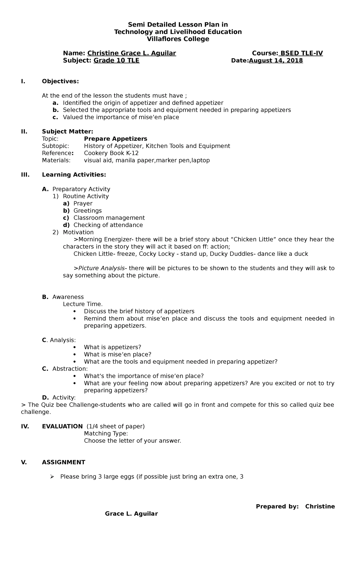 Classification of Appetizer - Semi Detailed Lesson Plan in Technology ...