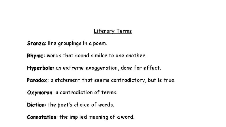 ENG 101: Literary Terms Notes for Understanding Poetry and Prose - Studocu