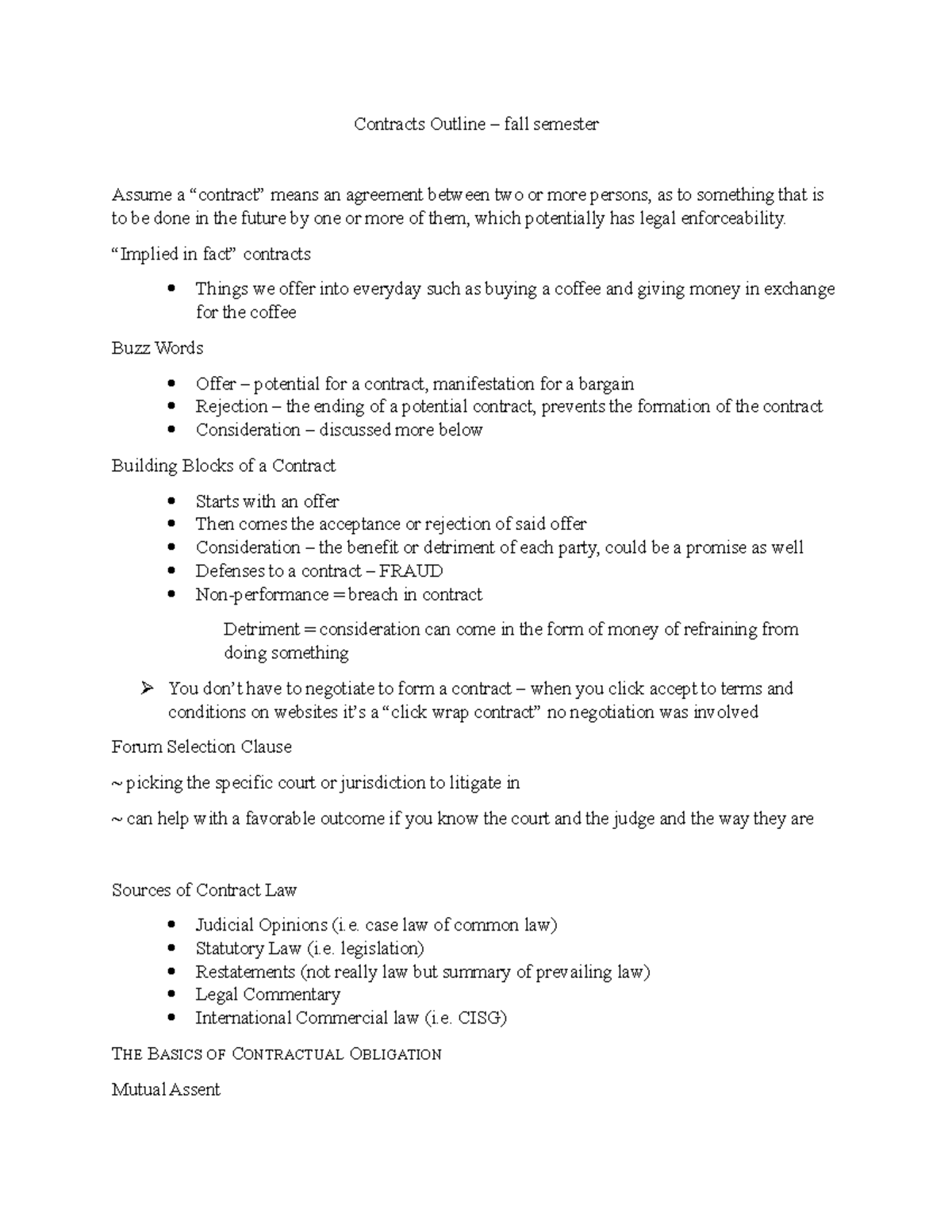 Contracts 1 Outline: Key Concepts and Legal Principles - Studocu