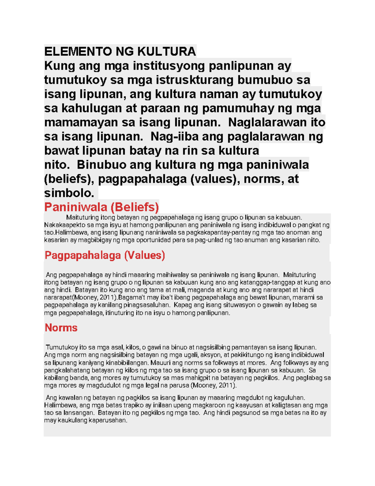 Elemento ng Kultura - AP O: Pag-unawa sa Kahalagahan at Aspeto - Studocu