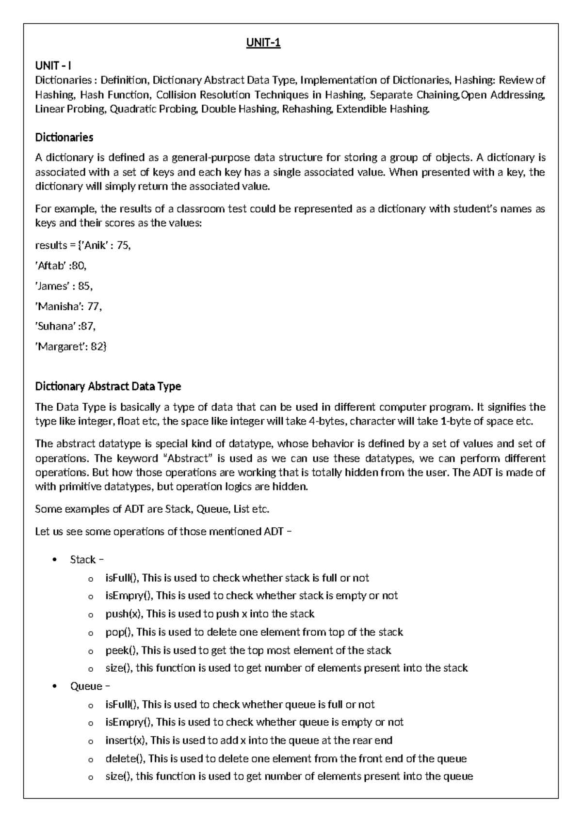 ADS&A UNIT-1: Hashing, Dictionaries, and Collision Resolution Techniques - Studocu