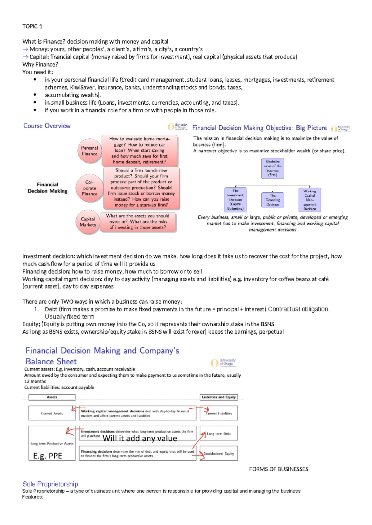 Topic 1: Introduction to Finance - BSNS114 Notes on Decision Making ...
