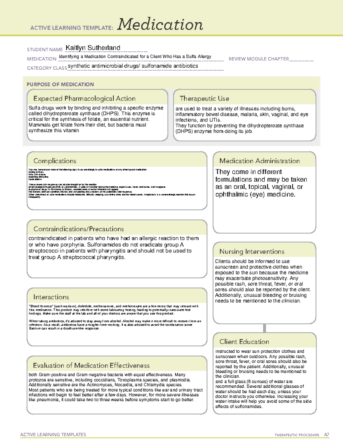 Medication-sulfa - ATI TEMPLATE - ACTIVE LEARNING TEMPLATES THERAPEUTIC ...