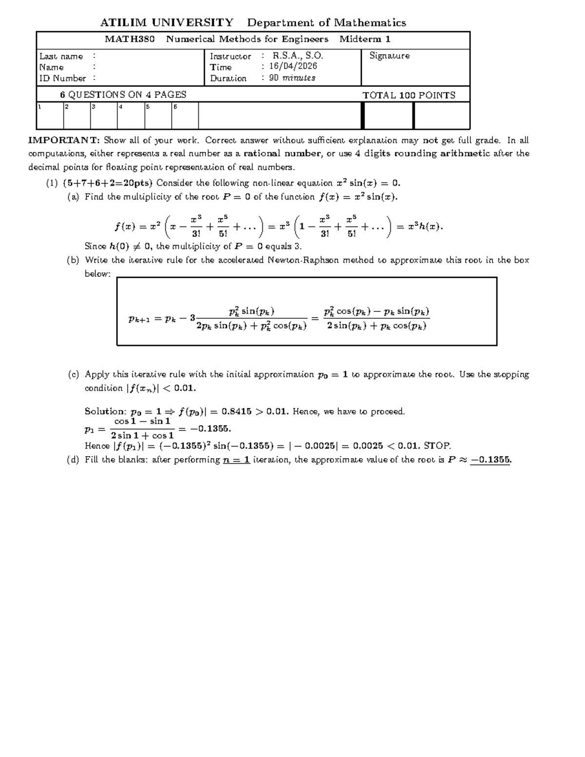 Math380 Midterm Solutions: Numerical Methods for Engineers - Studocu