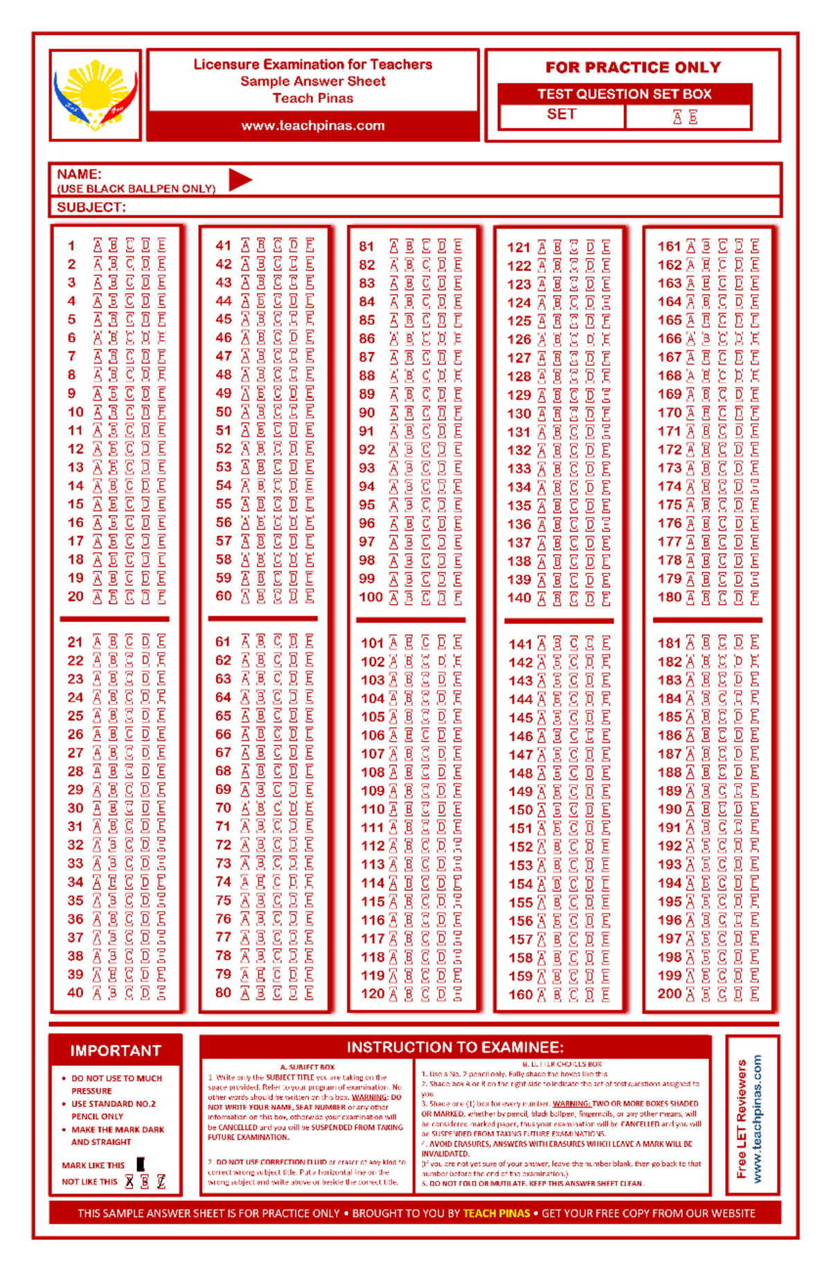 Practice Answer Sheet for Licensure Exam - Teach Pinas - Studocu