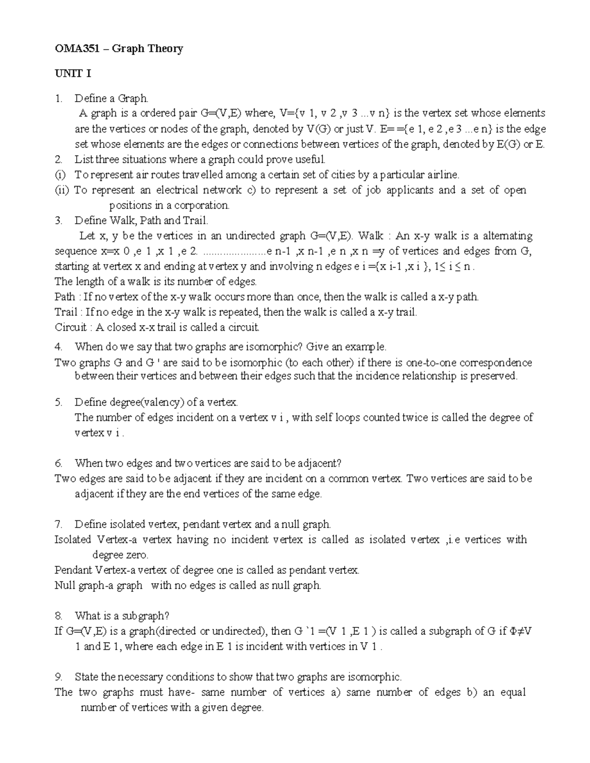 OMA351 Graph Theory: Key Concepts and Definitions - Studocu