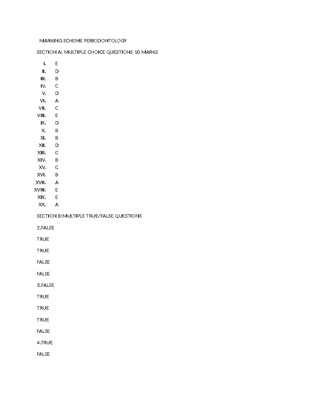 Marking Scheme for Periodontology MCQs & Short Answer Questions - Studocu
