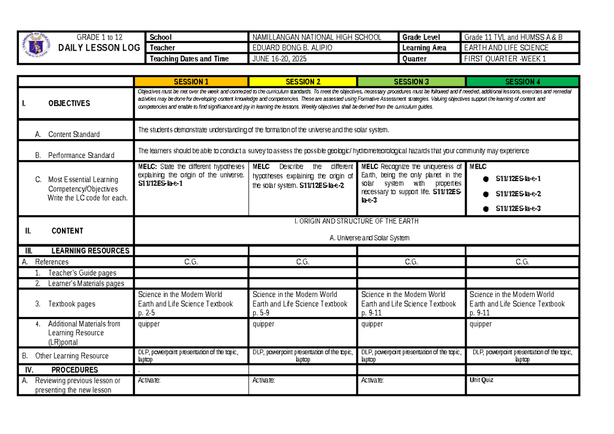 DLL Week 1: Detailed Lesson Plan for Grade 11 Earth & Life Science ...