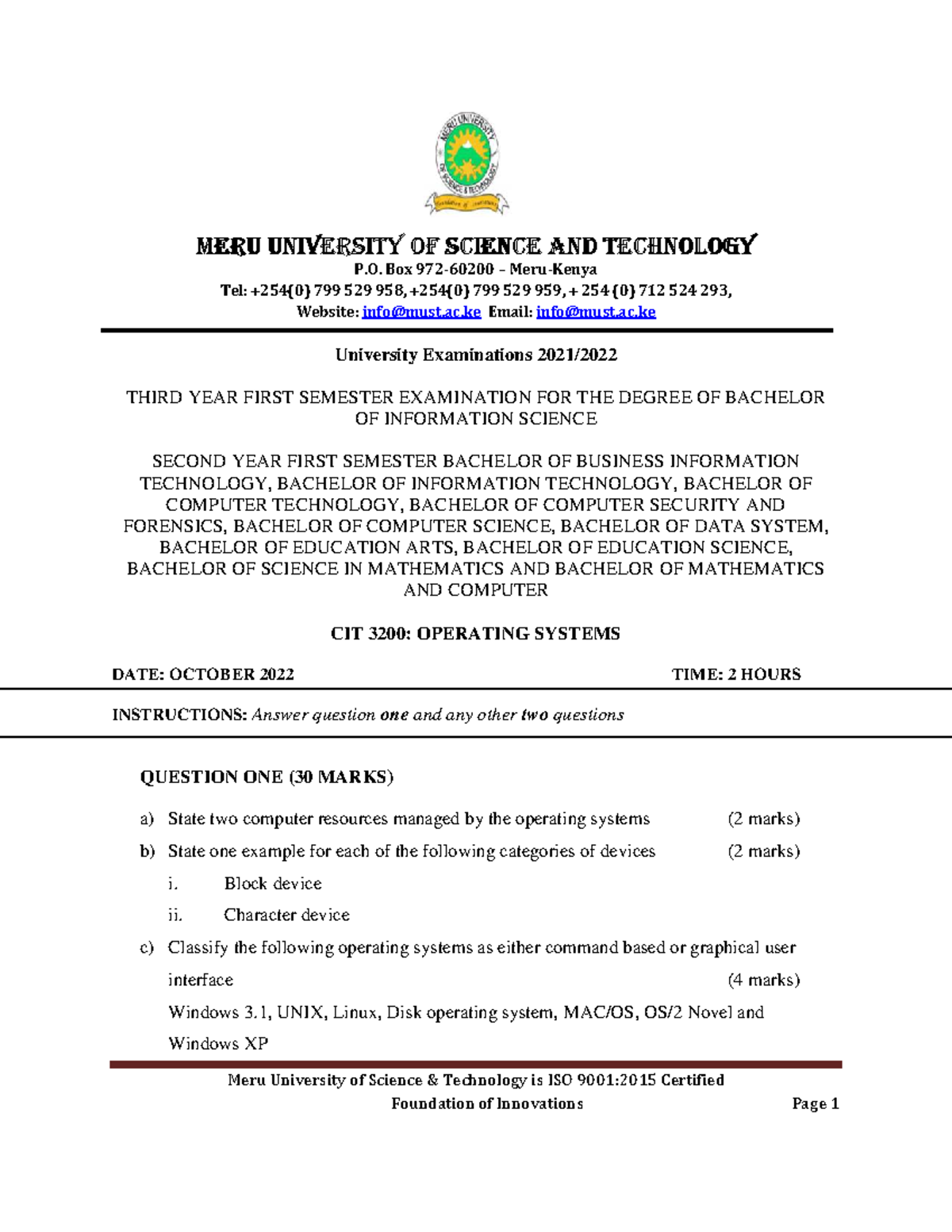CIT 3200: Operating Systems Third Year First Semester Exam Notes - Studocu
