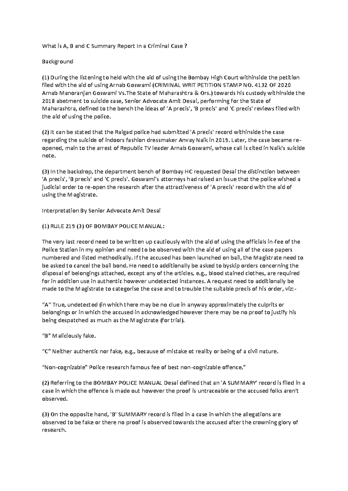 Understanding A, B, and C Summary Reports in Criminal Cases - Studocu