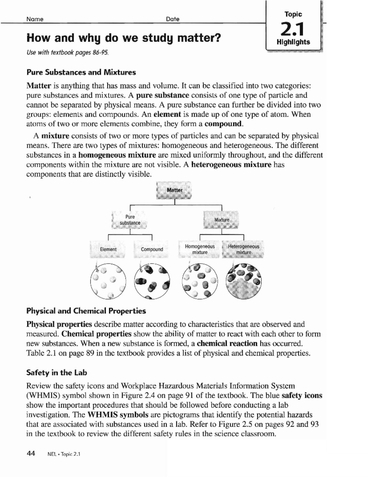 SC 9 Chemistry Workbook Unit 2: Pure Substances and Mixtures Study ...
