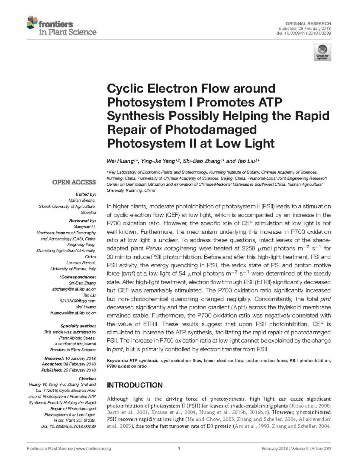 Cyclic Electron Flow and ATP Synthesis in PSII Repair at Low Light ...