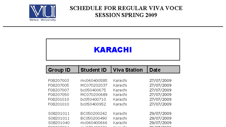 Regular Viva Voce Schedule Spring 2009 - Karachi, Peshawar, Lahore - Studocu