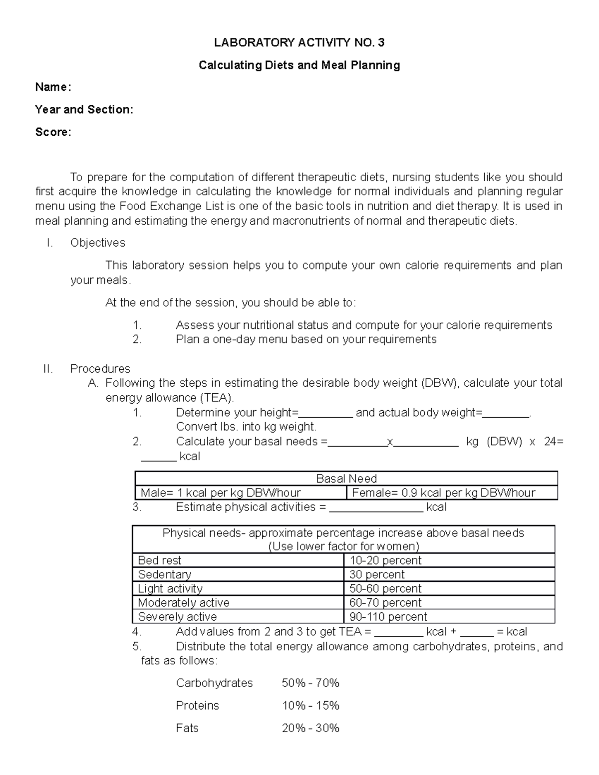 Laboratory Activity No. 3 in Nutrition and Diet - LABORATORY ACTIVITY ...