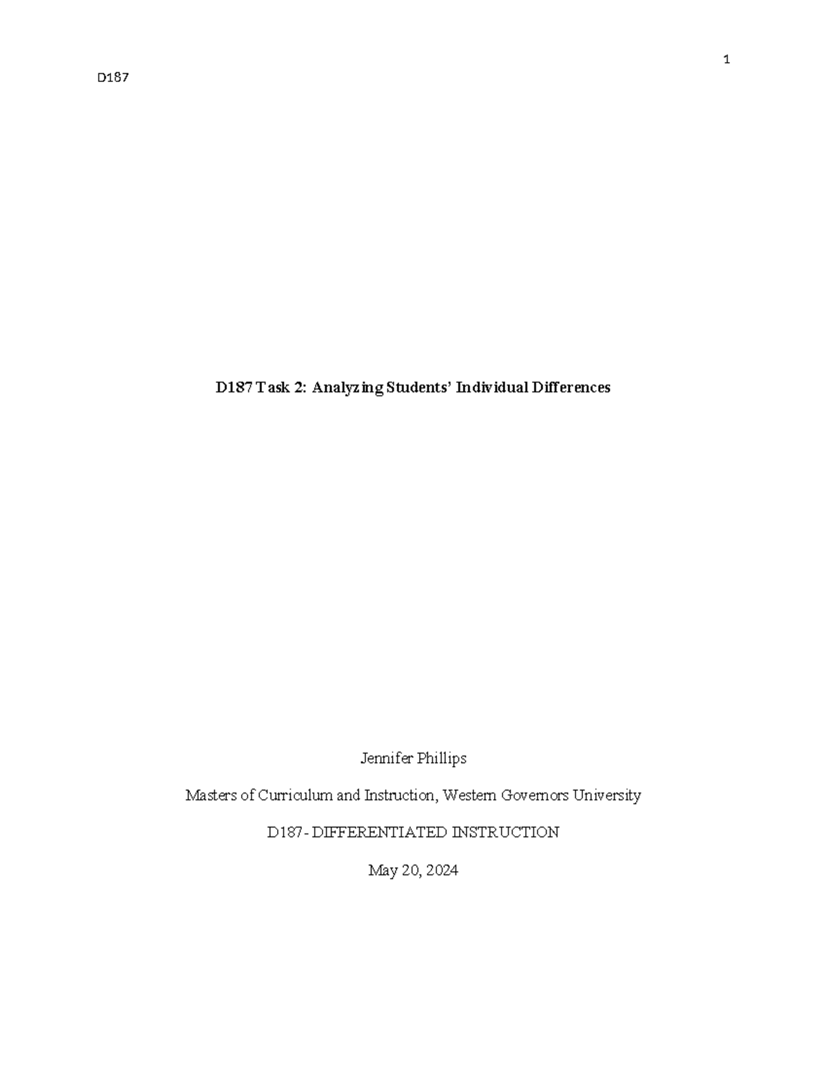 D187 Task 2 - Analyzing Individual Learner Differences - Studocu