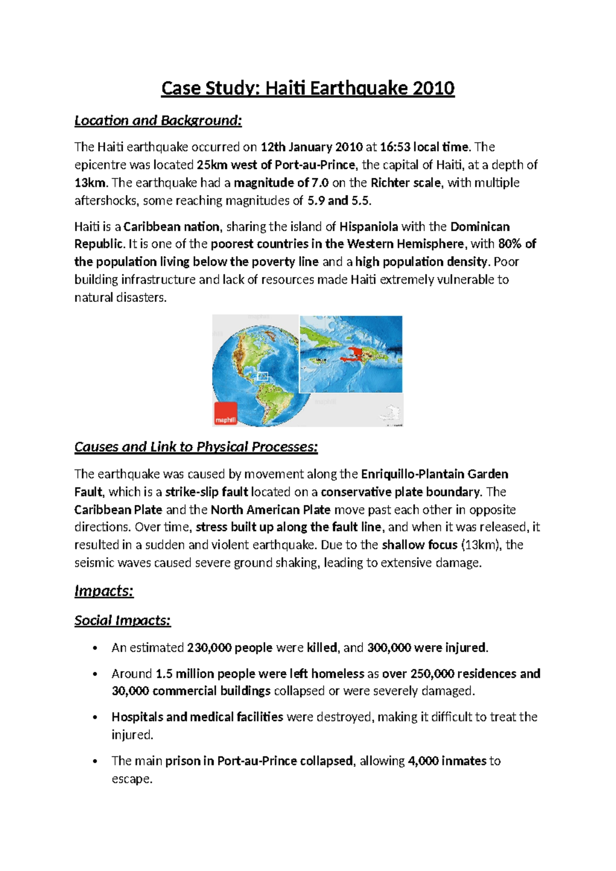 Geog Case Study: Haiti Earthquake 2010 - Impacts & Recovery - Studocu