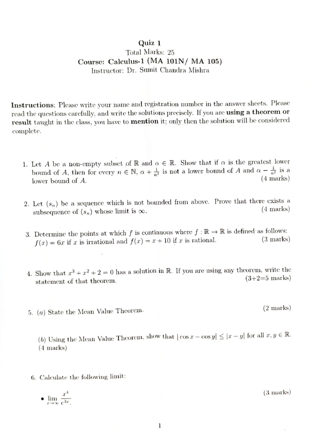 Quiz 1: Total Marks 25 - MA MA 105 Calculus 1 - Studocu