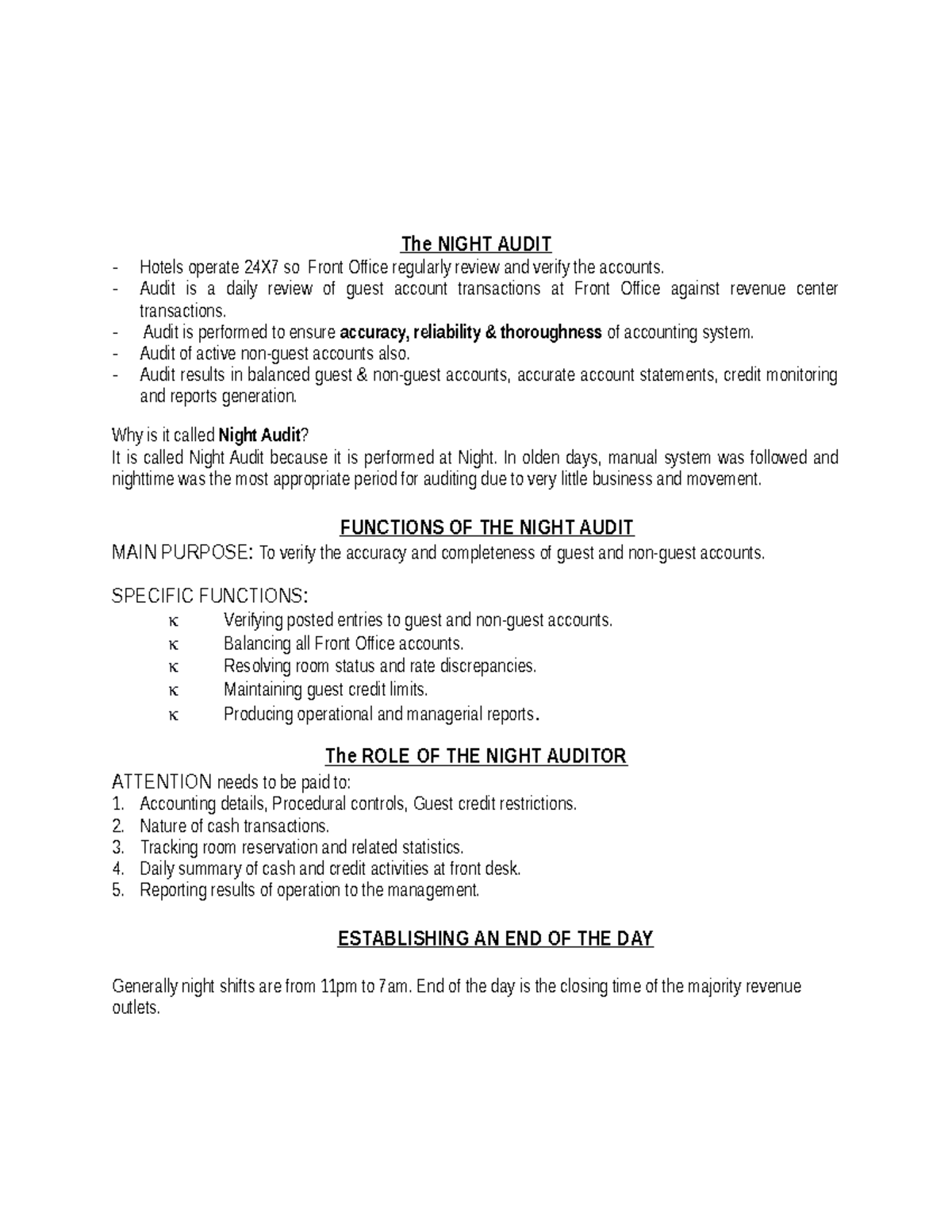 2nd Year (FO) Night Audit: Functions & Processes Overview - Studocu