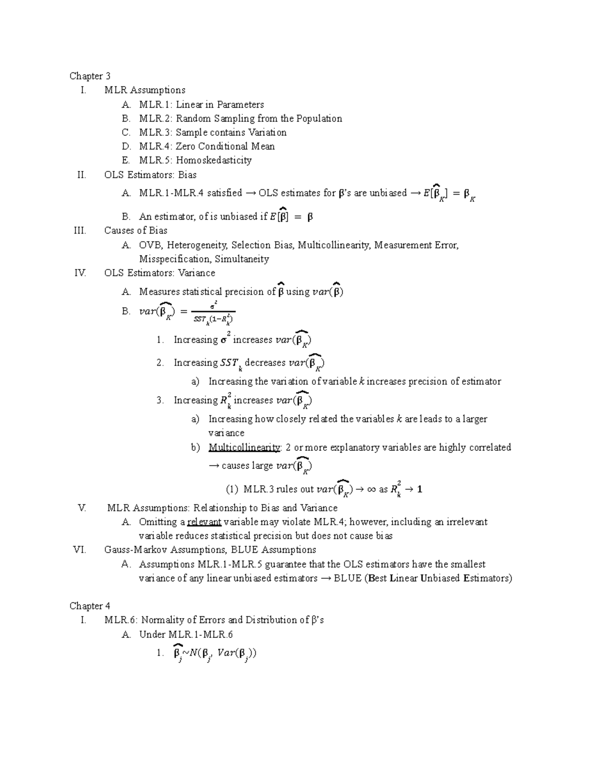 ECON 3720 Final Review: MLR Assumptions and OLS Estimators - Studocu