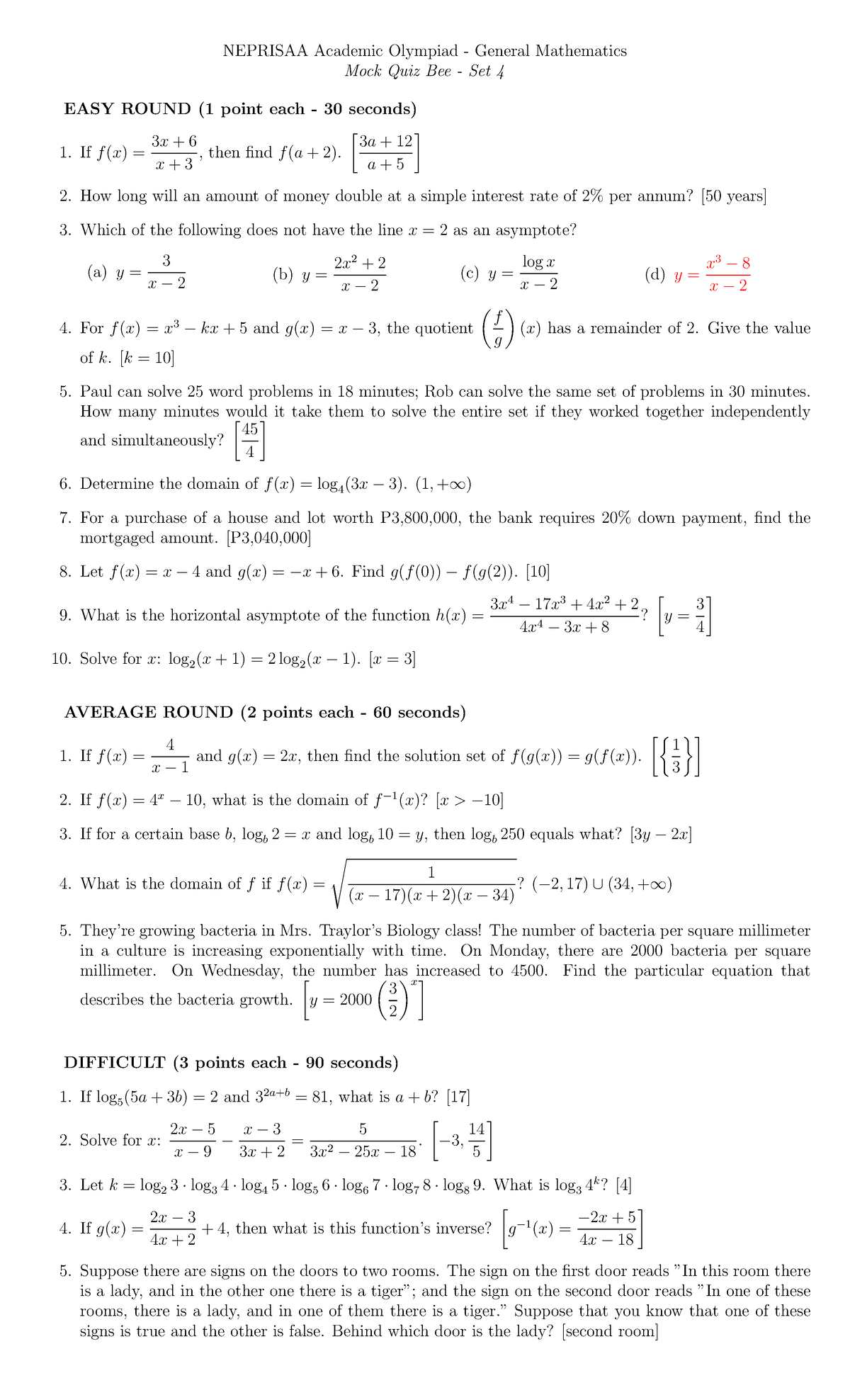 NEPRISAA Academic Olympiad General Math Mock Quiz Bee Set 4 - Studocu